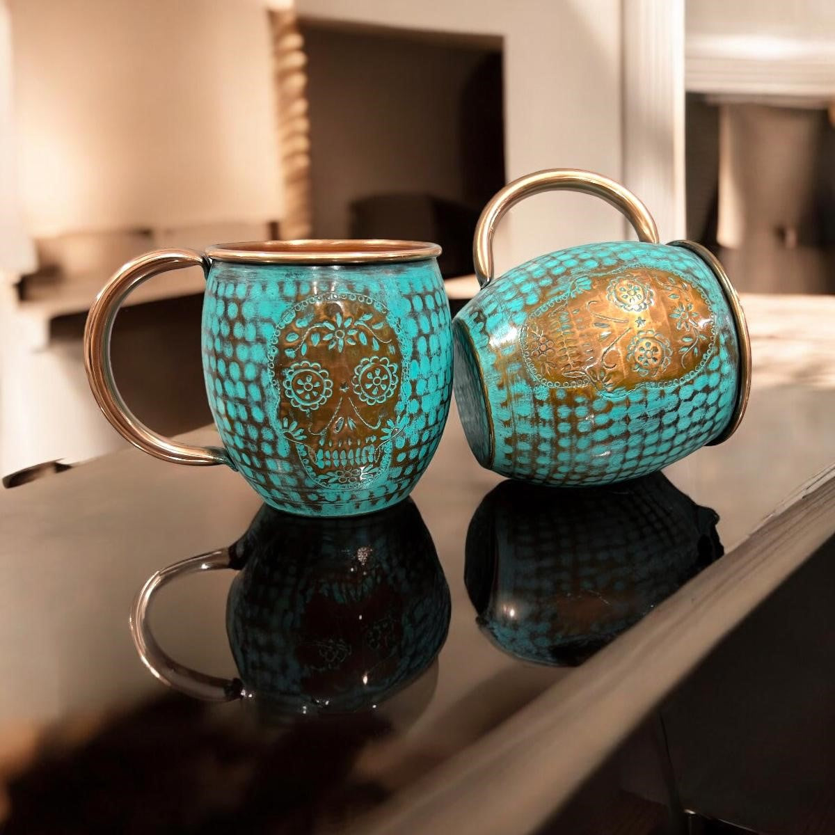Set of Two Copper Barrel Mugs with Chiselled Skull (Day of the Dead ...